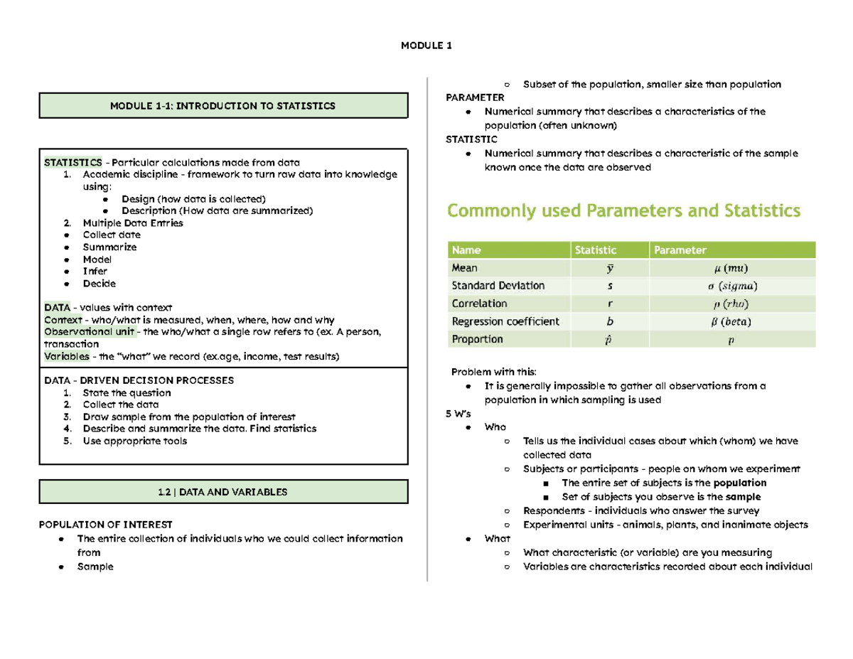 Module 1 - Introduction to Statistics Lecture Notes (Year 1) - Studocu