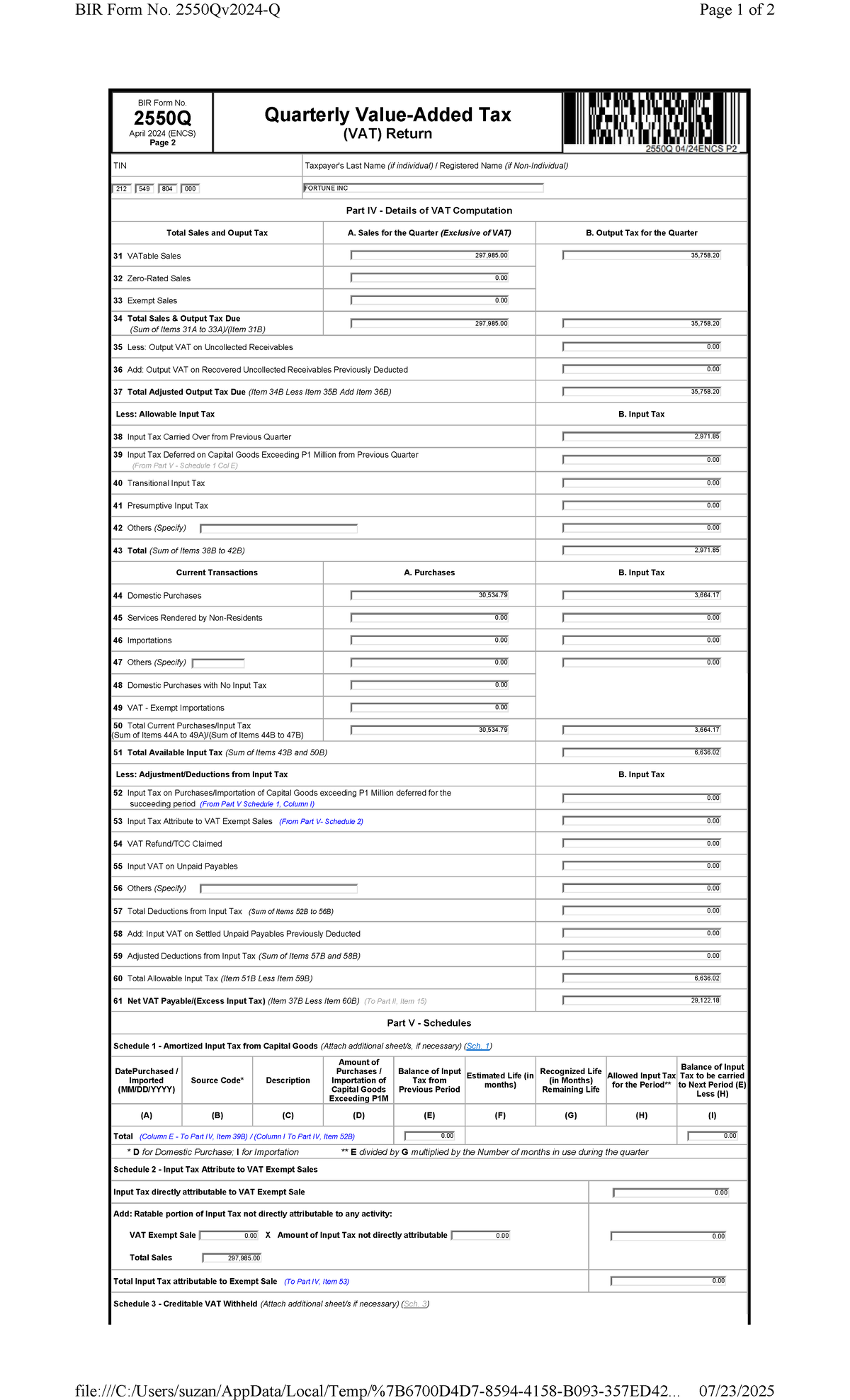 BIR Form 2550Q Quarterly Tax Return Q2 2025 - Page 2 - Studocu