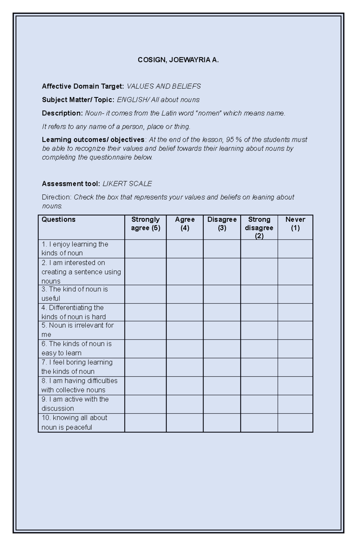 English Assessment: Performance Task 2 on Nouns and Affective Domain ...
