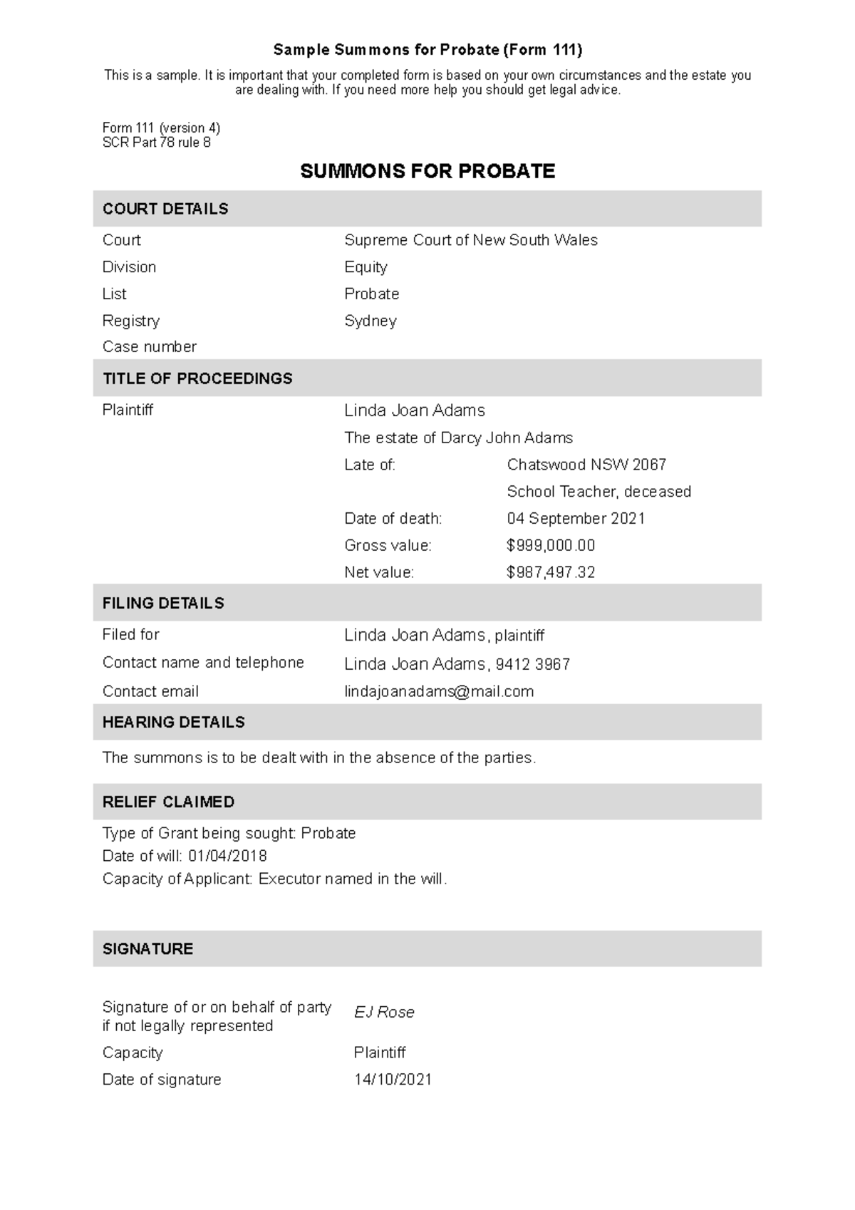 Sample Summons for Probate - Form 111 for Estate of Darcy Adams - Studocu