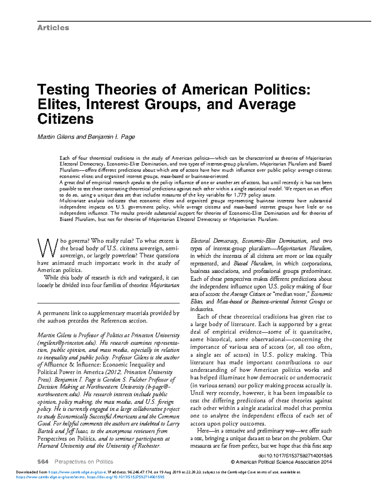 Testing Theories of American Politics: Elites vs. Citizens Analysis ...
