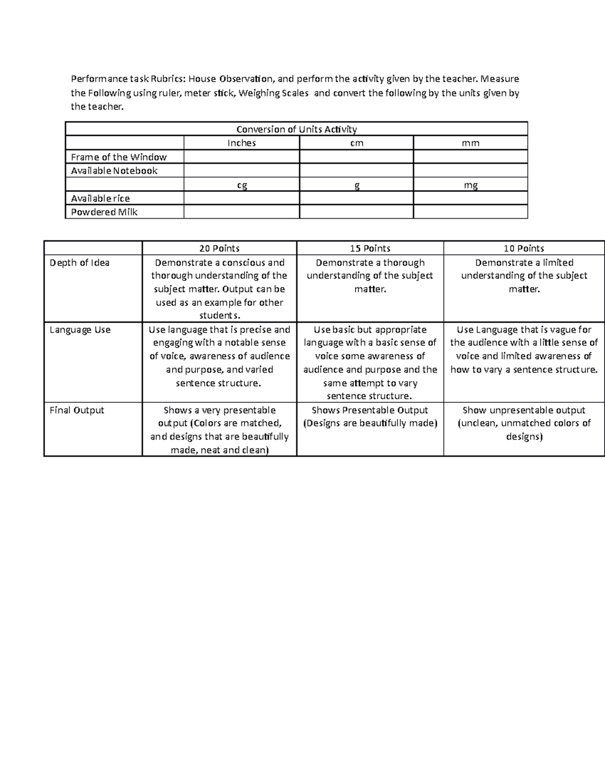 Unit Conversion Performance Task Rubric (20 Pts) - Studocu