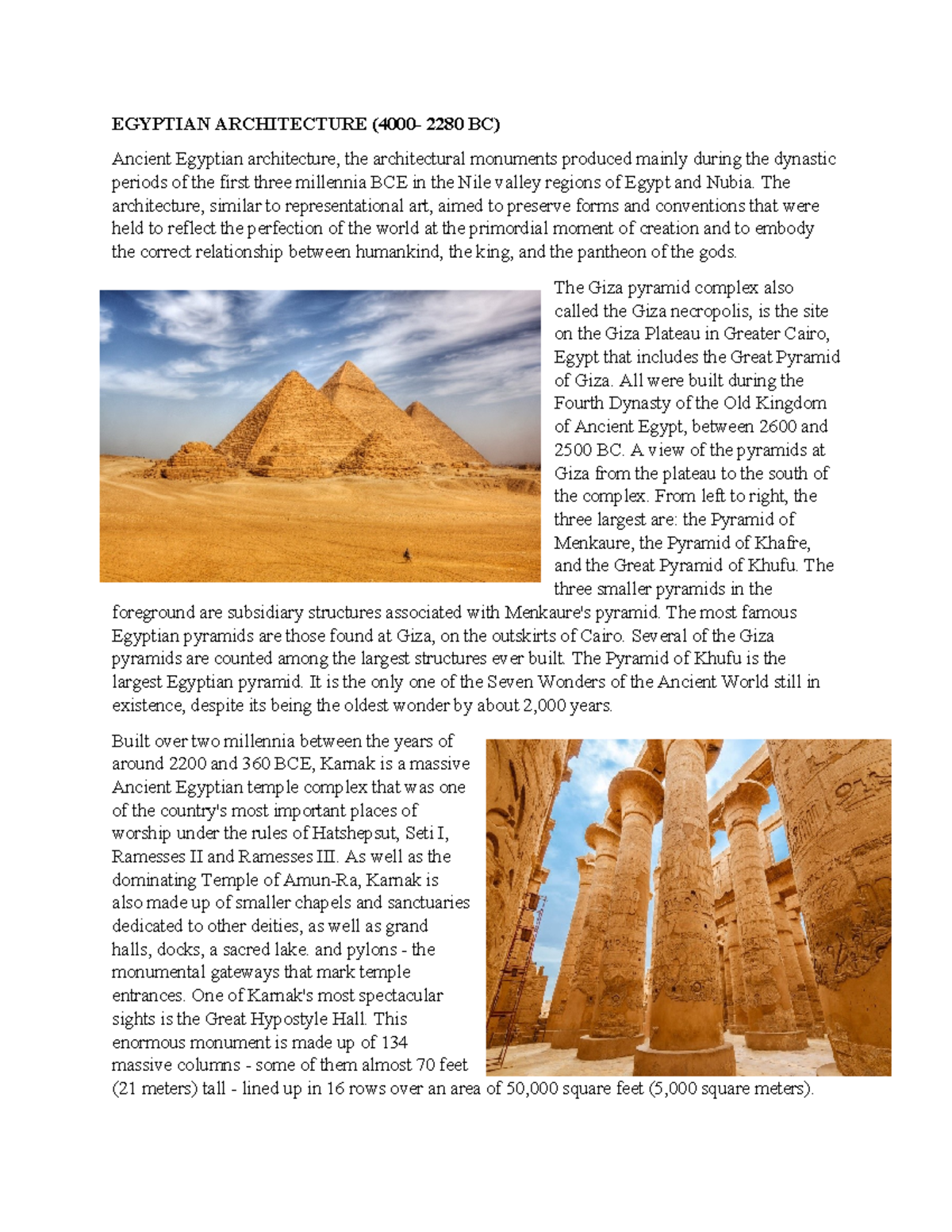 ART - EGYPTIAN ARCHITECTURE (4000- 2280 BC) Ancient Egyptian ...