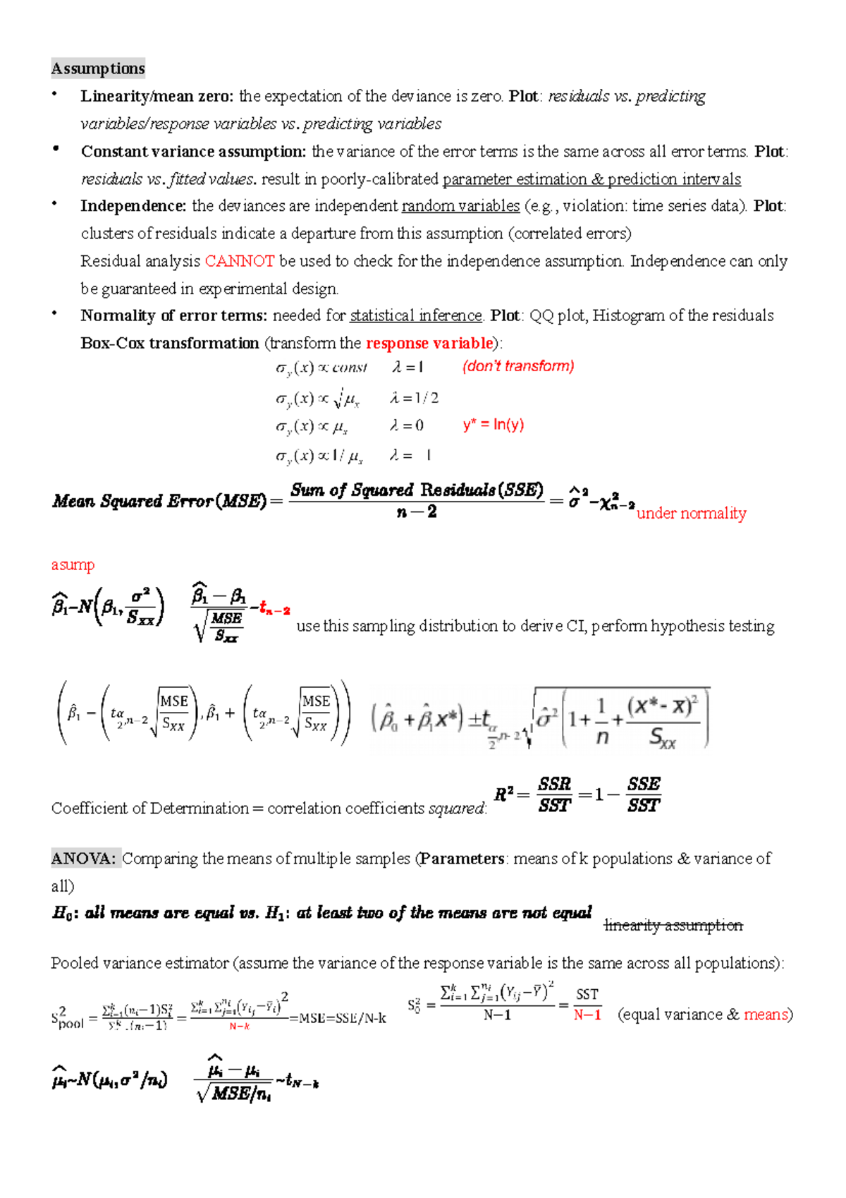 ISYE6414 Cheat sheet - Assumptions Linearity/mean zero: the expectation ...