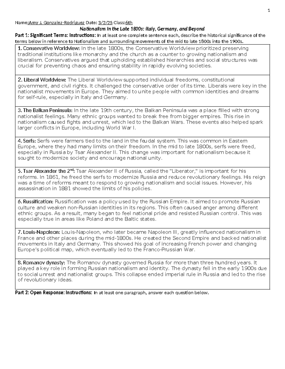 6th Grade Nationalism in the Late 1800s: Italy & Germany Key Terms ...