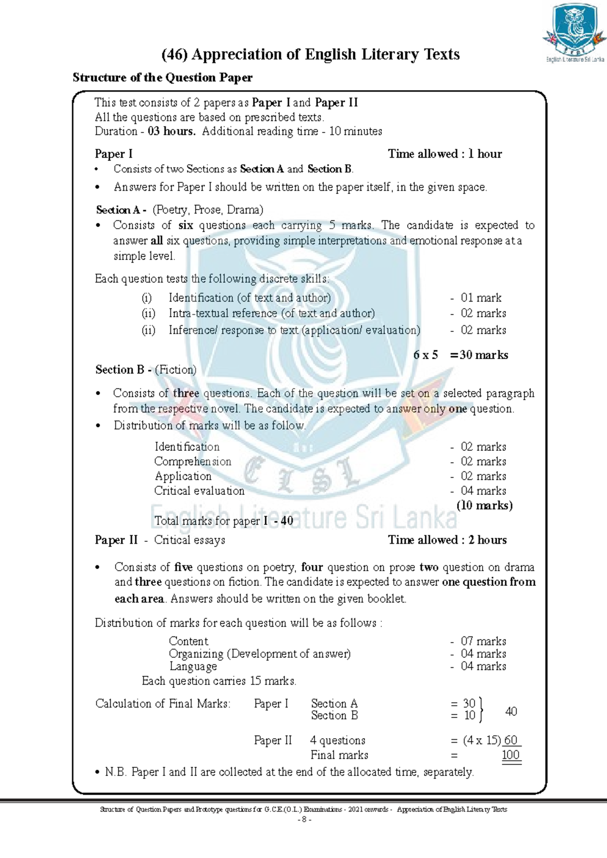 G.C.E. (O.L.) Appreciation of English Literary Texts Exam Structure ...