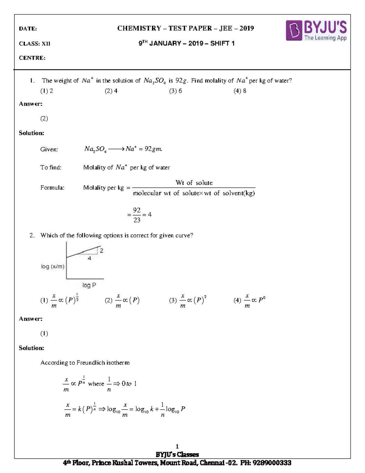 JEE Mains 2019 Chemistry Test Paper with Solutions - Studocu