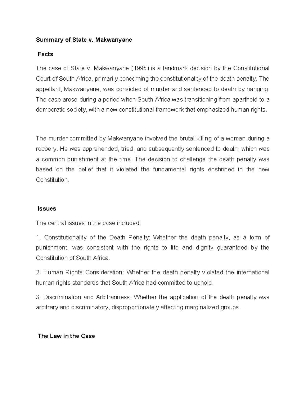 Summary of State v. Makwanyane: Landmark Death Penalty Ruling - Studocu