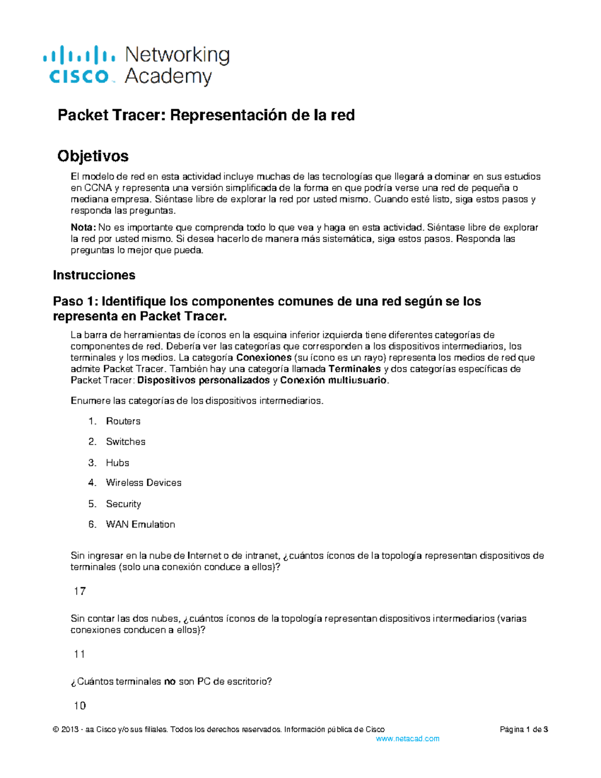 Práctica de Packet Tracer CCNA: Respuestas y Ejercicios 1.5.7 - Studocu