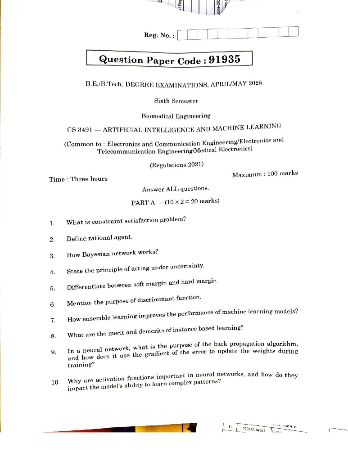 CS 3491 Final Exam Question Paper - AI & Machine Learning, April-May 2025 - Studocu