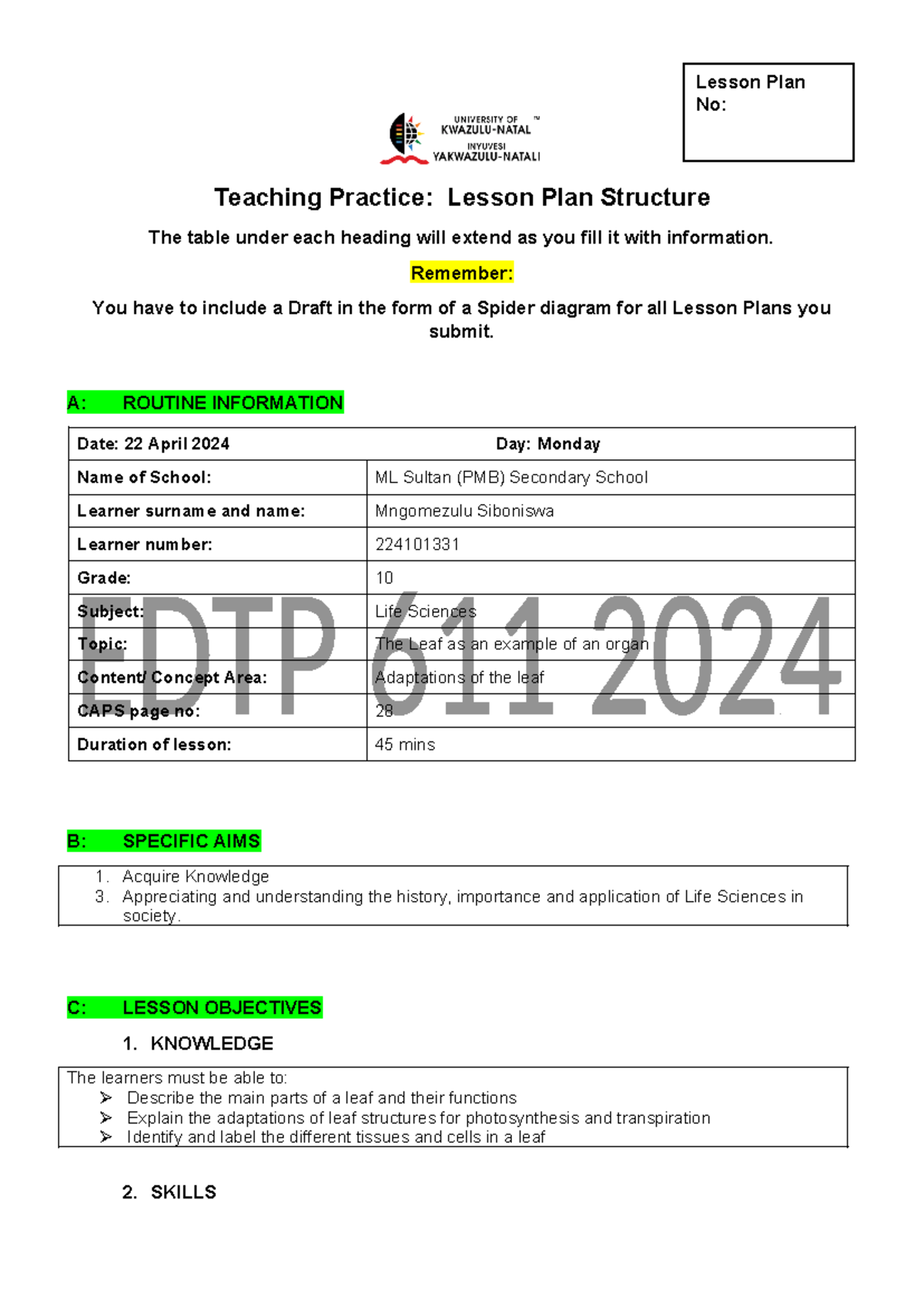 Grade 10 Life Sciences Lesson Plan: The Leaf Adaptations - Studocu