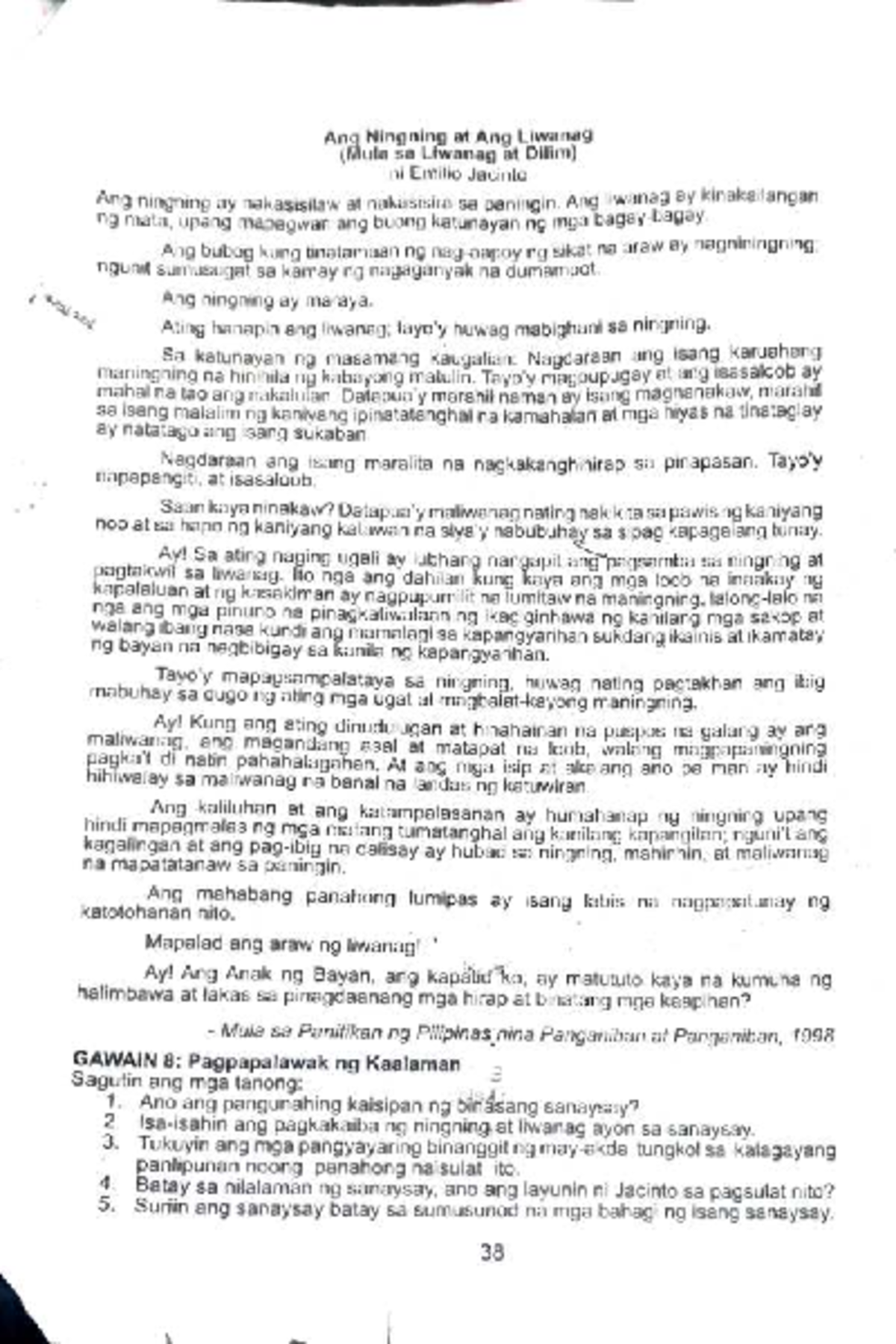 Pagsusuri sa Sanaysay na "Ang Ningning at Ang Liwanag" (Fil 15) - Studocu