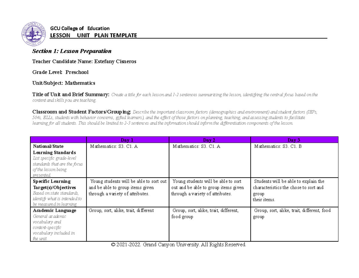 GCU ECE 150: Preschool Math Lesson Unit Plan on Sorting Activities ...