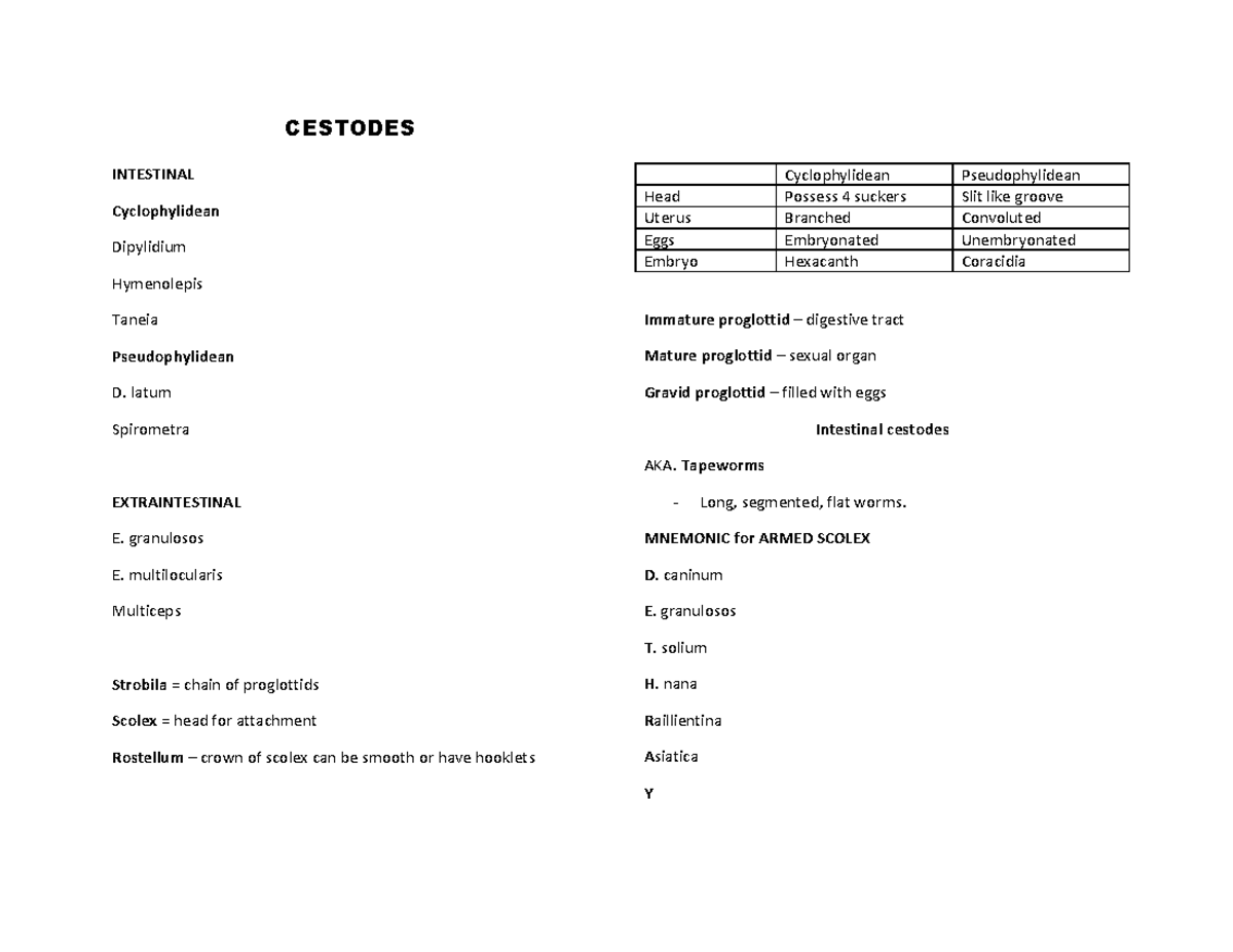 Cestodes and Trematodes Overview for BIOL 305 Lecture Notes - Studocu
