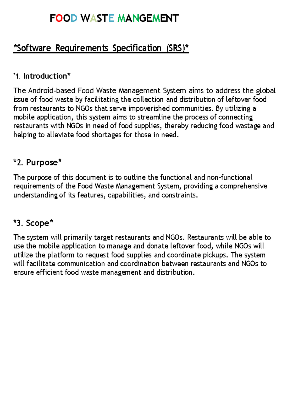 FOOD WASTE MANAGEMENT SYSTEM Requirements Specification Document - Studocu