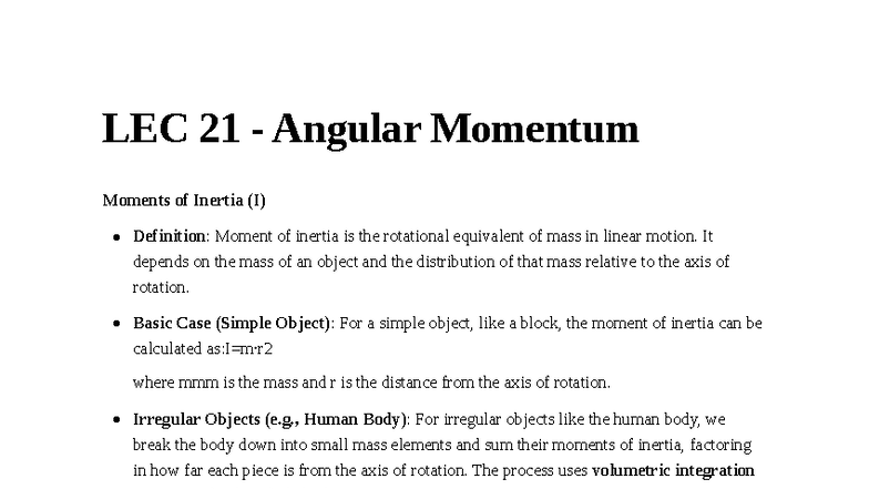 LEC 21 - 2241 - Angular Momentum and Moments of Inertia Overview - Studocu