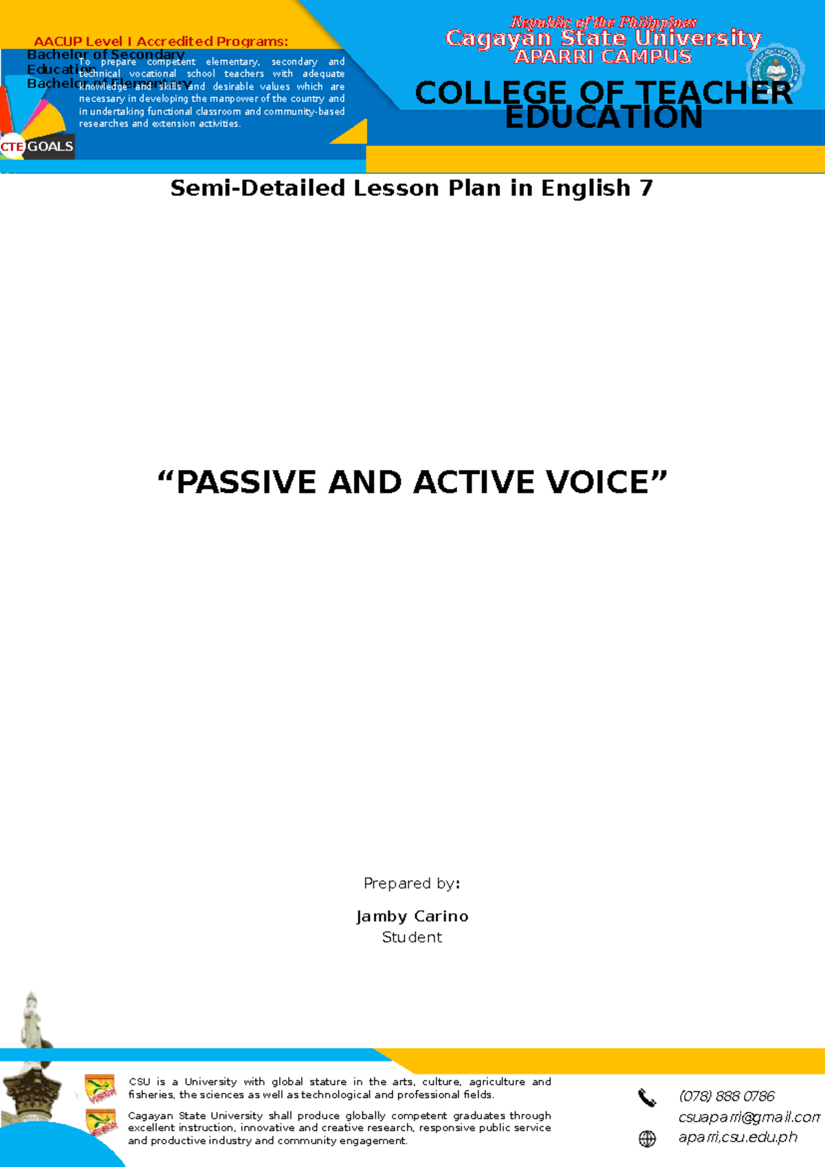 CTE 078 Lesson Plan: Active and Passive Voice for English 7 - Studocu