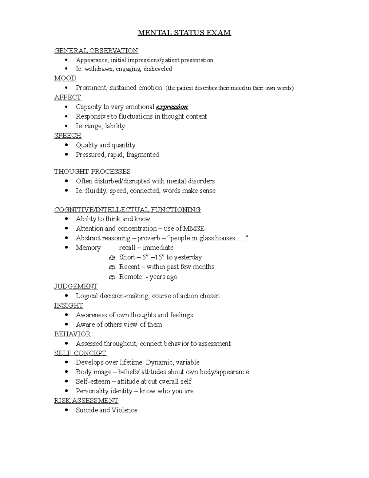 Mental Status Exam Guide - Terminology and Assessment Breakdown - Studocu
