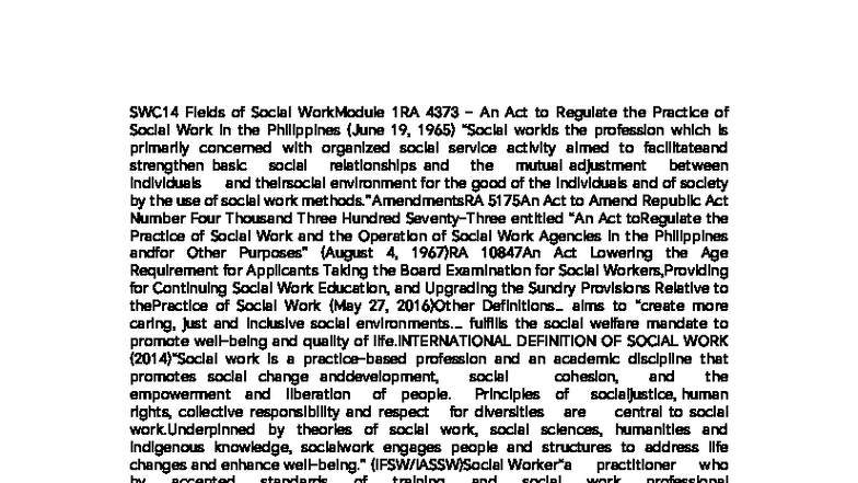 SWC14 Social Work Overview: RA 4373 & Related Legislation Review - Studocu