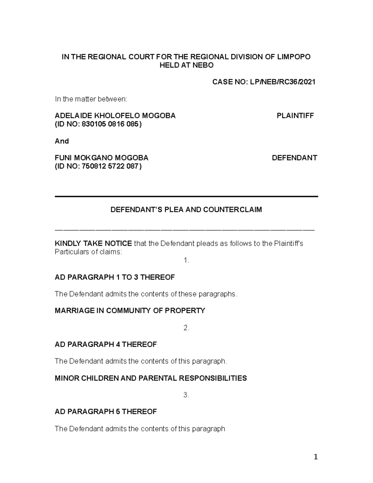 Civil Procedure.Founding Affidavit sequestration - IN THE HIGH COURT OF ...