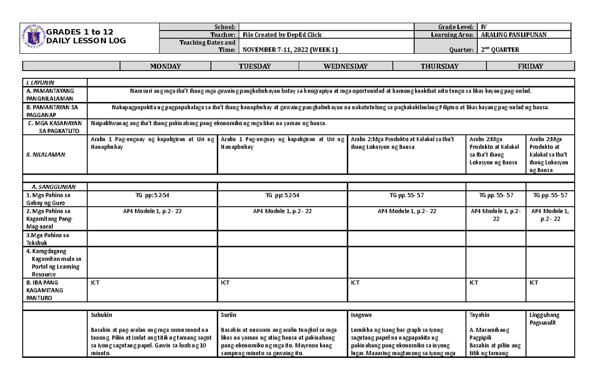 DLL AP 4 Q2 W1 - Weekly Lesson Plan for Grade IV (Nov 7-11, 2022) - Studocu