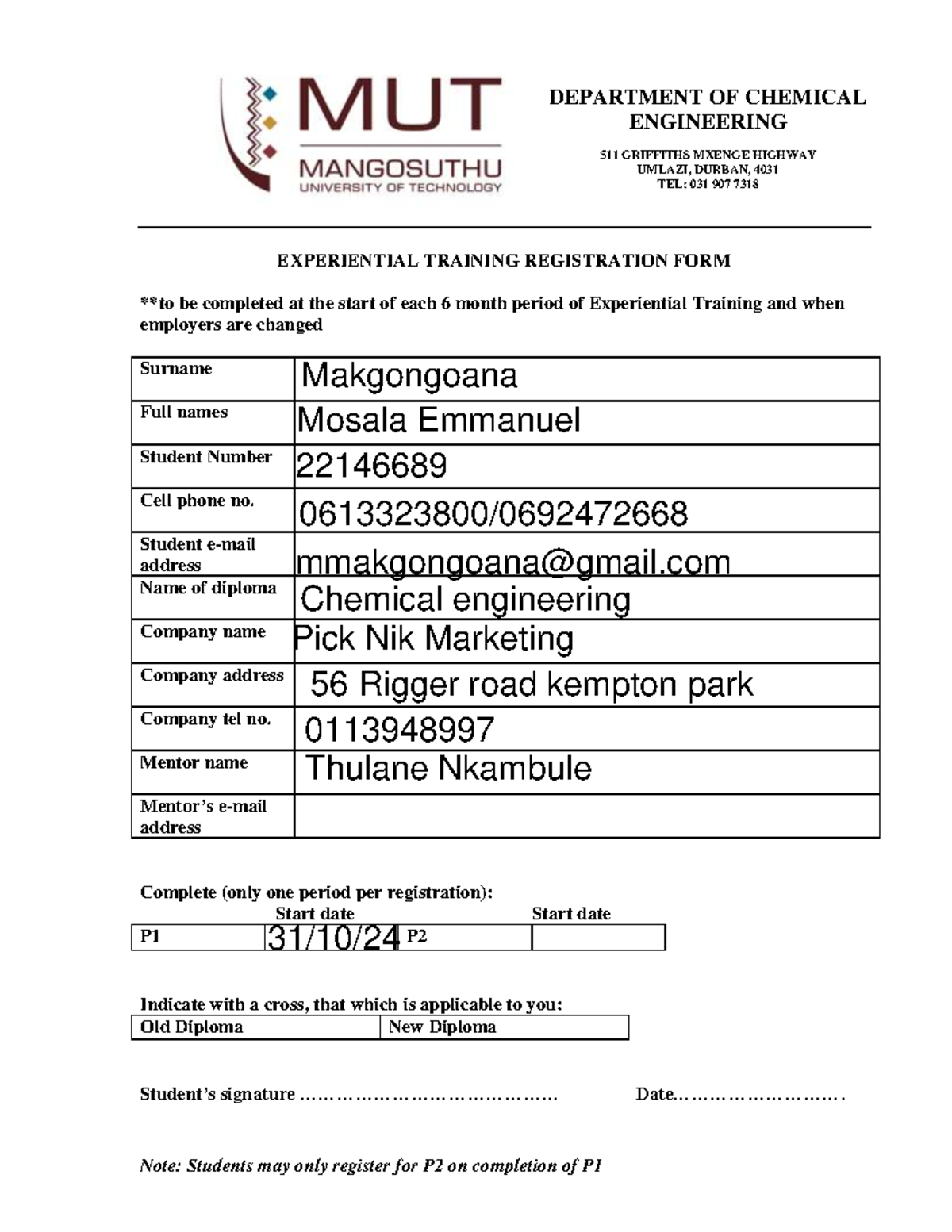 Registration Form WIL 2020 - Note: Students may only register for P2 on ...