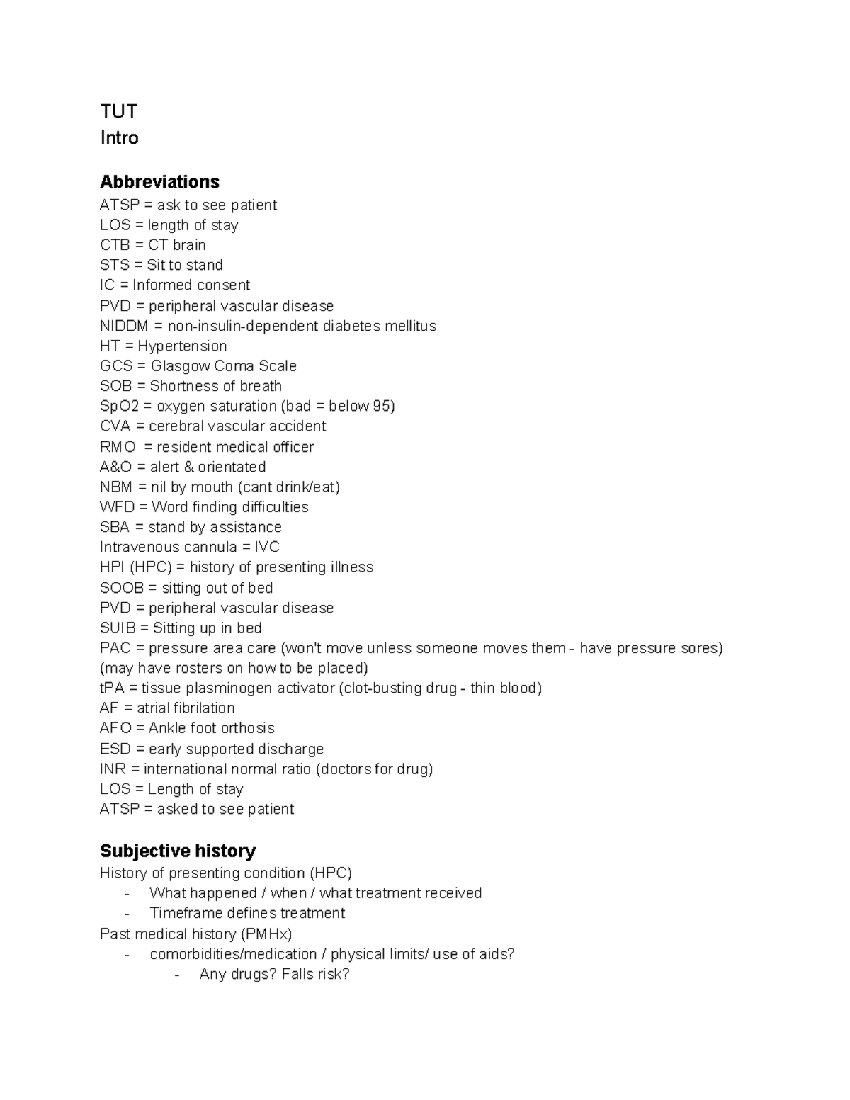 Neuro TUT 1 - Abbreviations and Patient Assessment Notes - Studocu