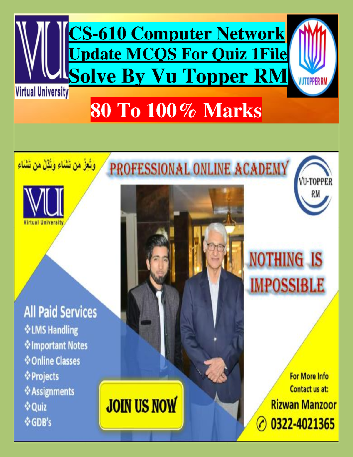 CS610 Quiz 1 MCQs Update Compiled by Vu Topper RM - Studocu