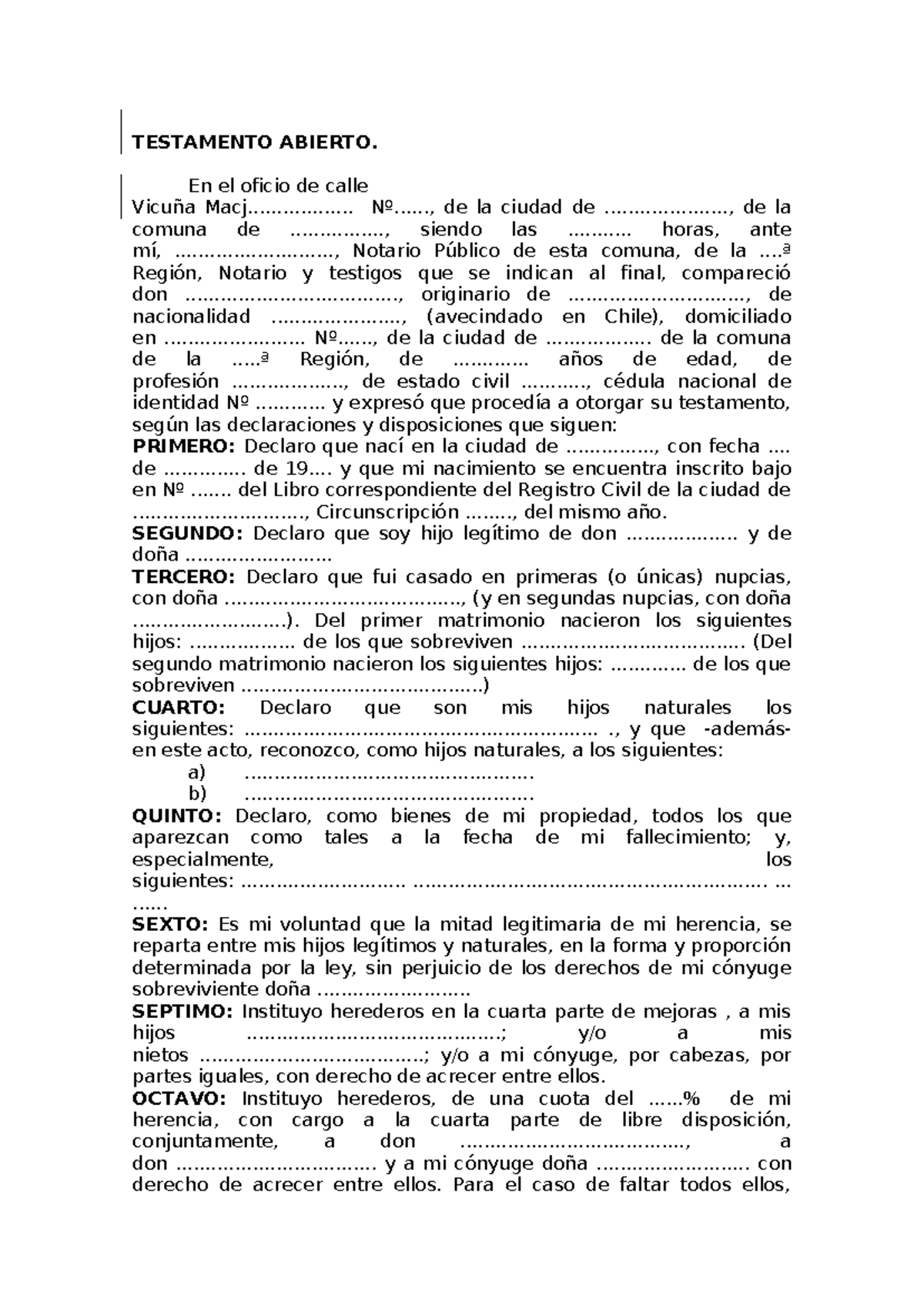 Modelo de Testamento Abierto en Chile - Escrito Legal - Studocu