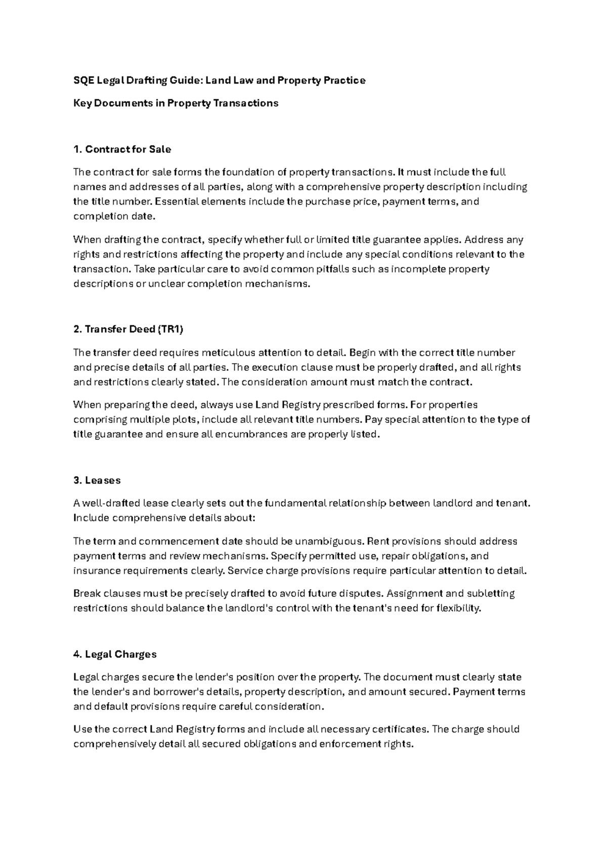 SQE Legal Drafting Guide: Key Documents in Property Transactions - Studocu