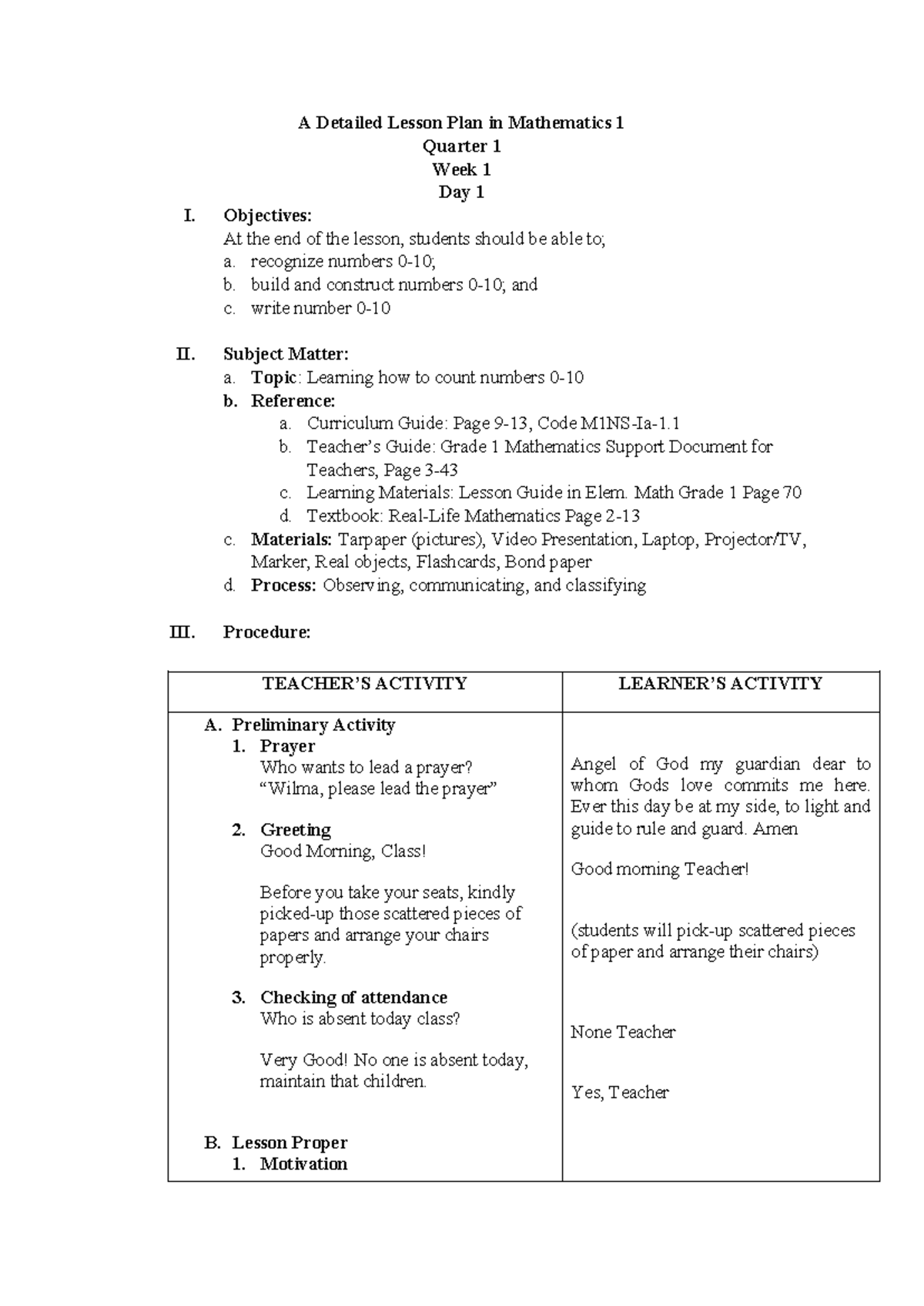 Mathematics 1 Lesson Plan: Counting Numbers 0-10 (Q1) - Studocu