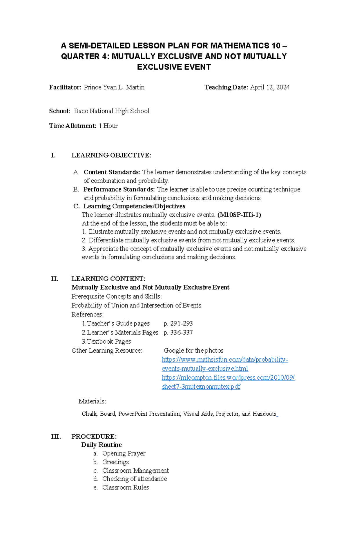 M10 Lesson Plan: Mutually Exclusive vs. Not Mutually Exclusive Events ...