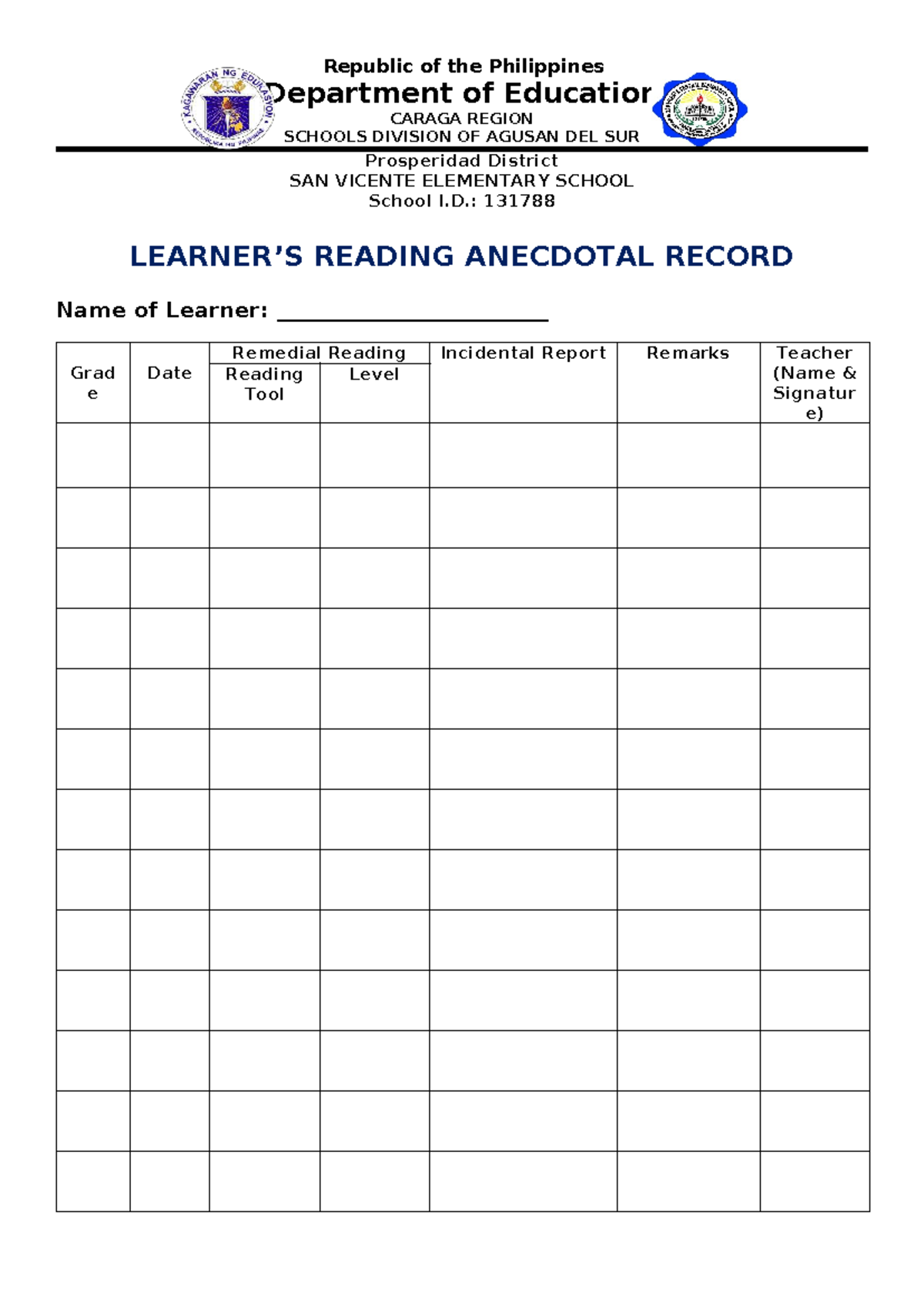 Reading-anecdotal-record - Education - Republic of the Philippines ...