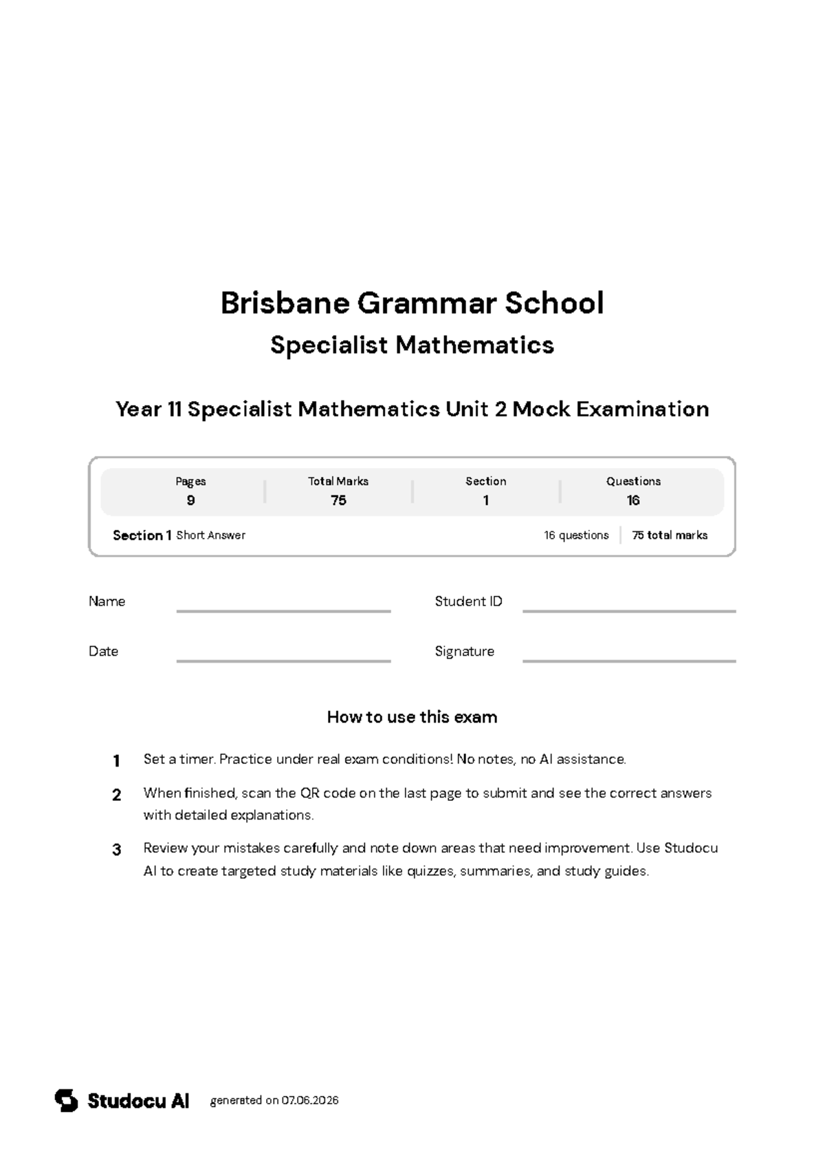 Year 11 Specialist Mathematics Unit 2 Mock Exam - Studocu
