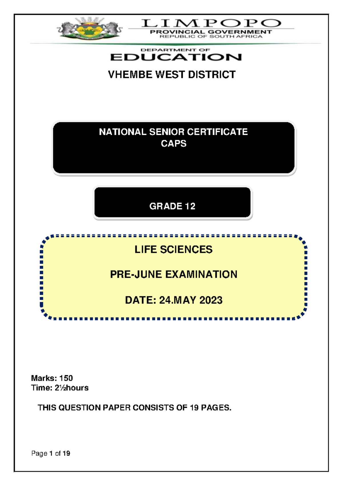 Grade 12 Life Sciences Pre-June Exam 2023 - Vhembe District - Studocu