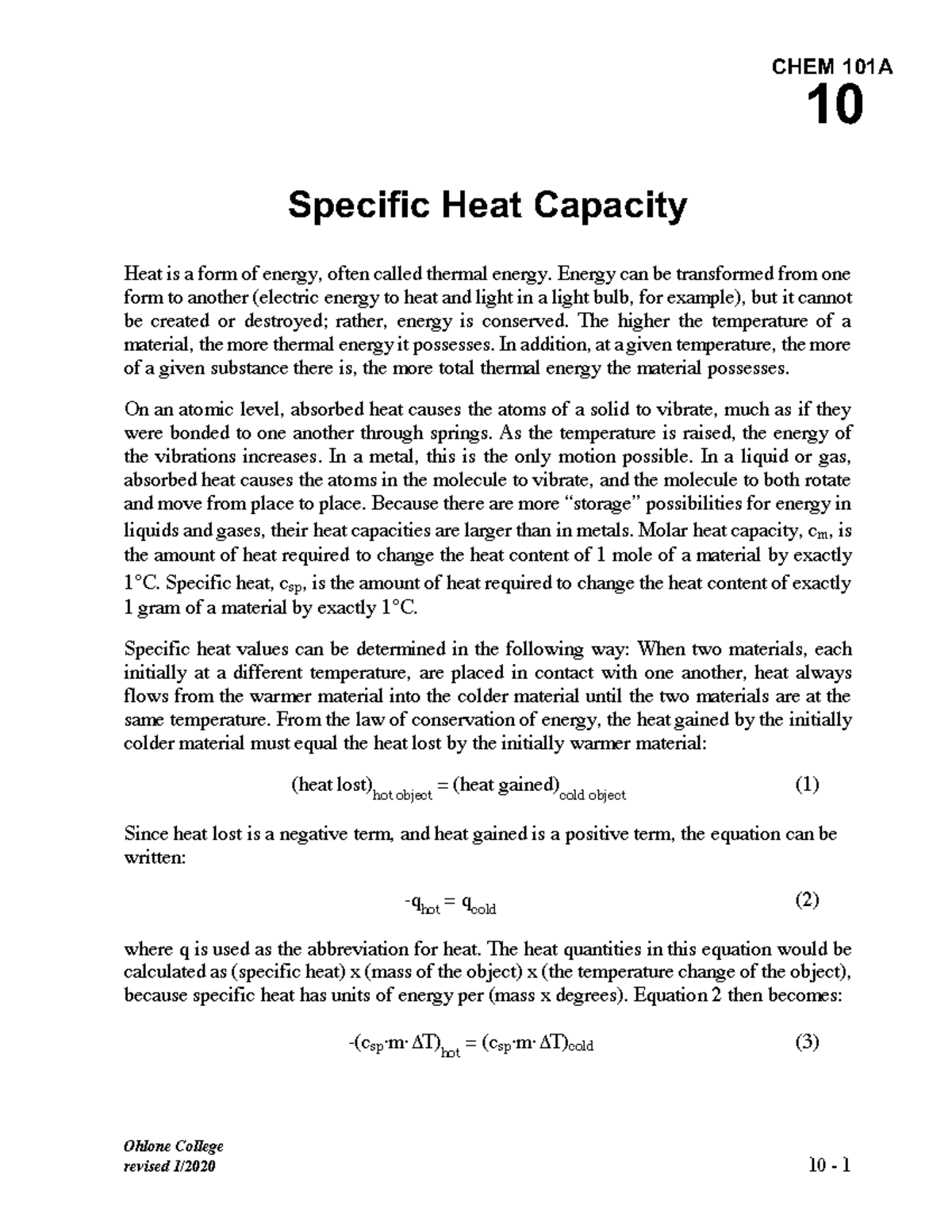 CHEM 101A Lab: Determining Specific Heat Capacity of Metals - Studocu