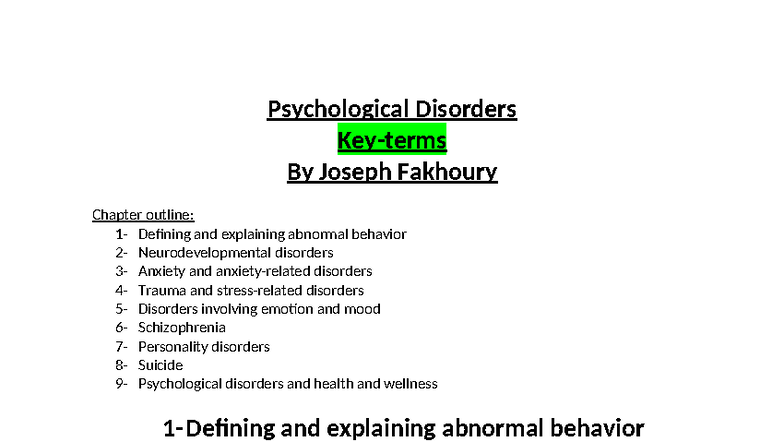 Psychological Disorders Overview - Joseph Fakhoury (Chapter 15) - Studocu