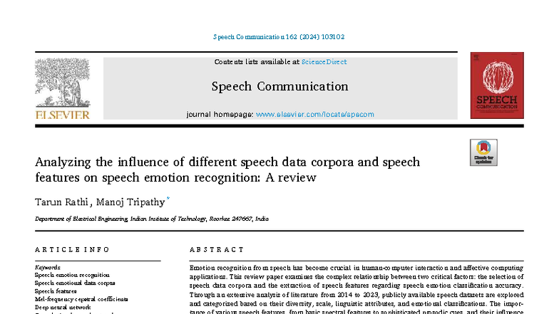 Speech Communication 162 (2024) - Review of Speech Emotion Recognition ...