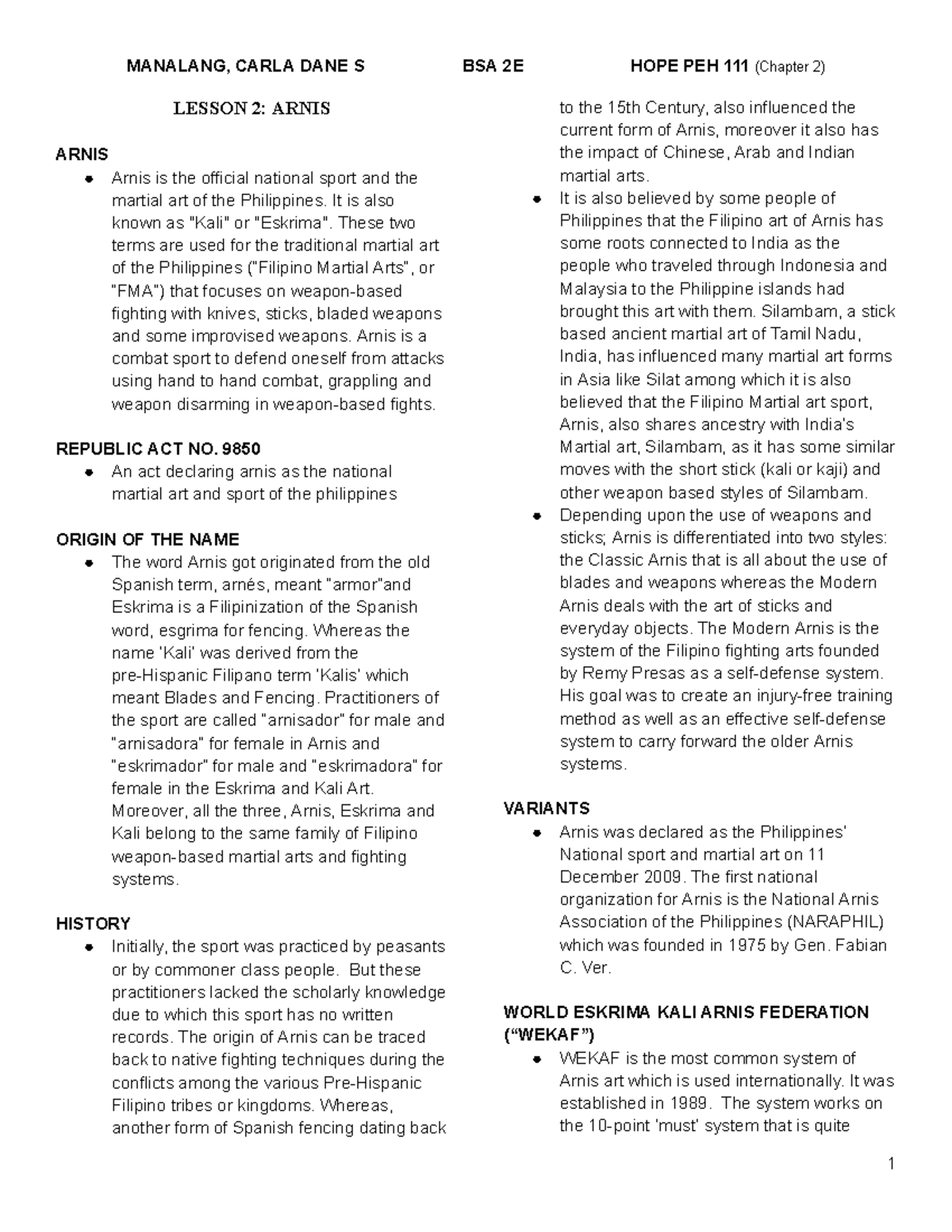 PE-111 Arnis Lesson 2 Overview and History of Chapter 2 - Studocu