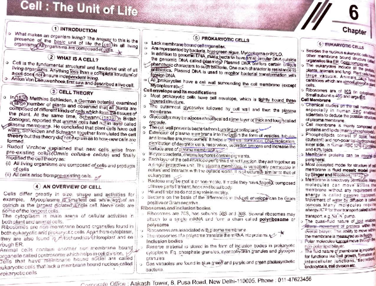 Class 11 CBSE Biology: Cell - The Unit of Life Short Notes 2026 - Studocu