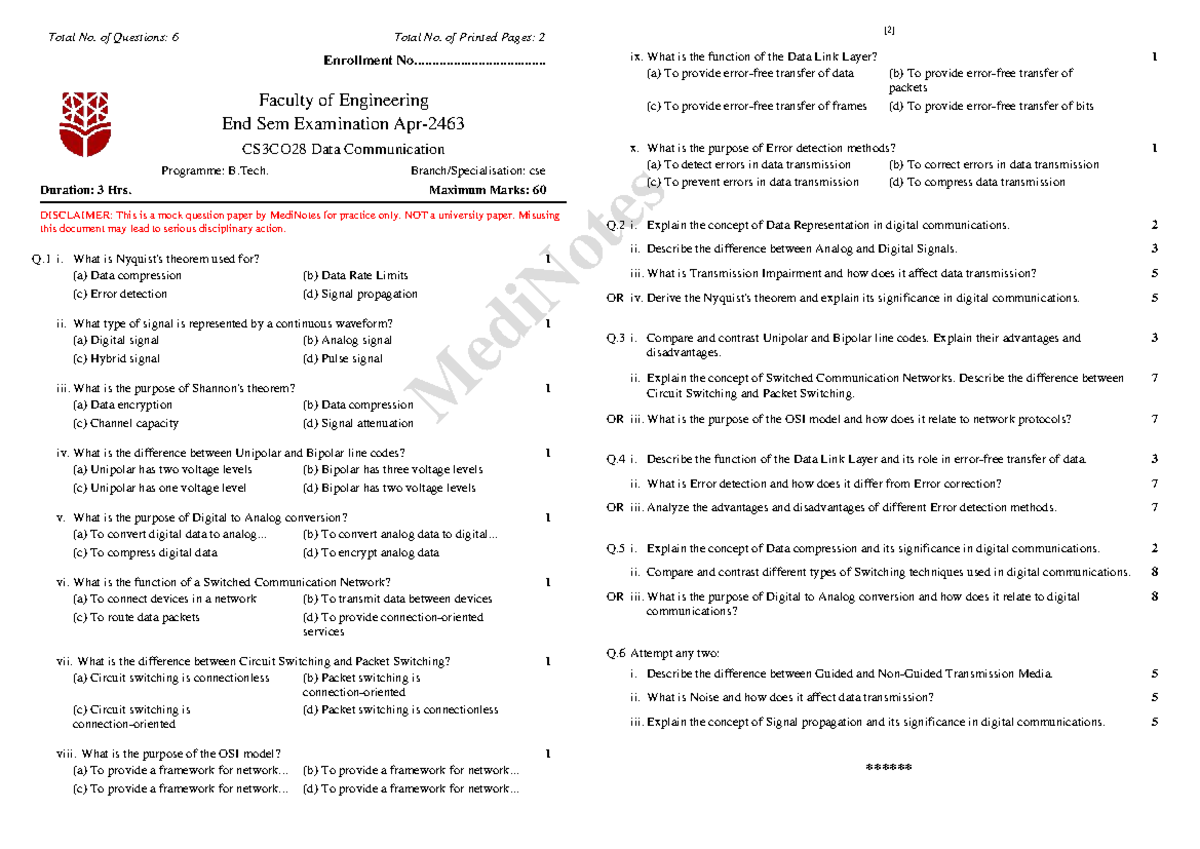 CS3CO28 End Sem Exam Mock Paper: Data Communication Concepts - Studocu