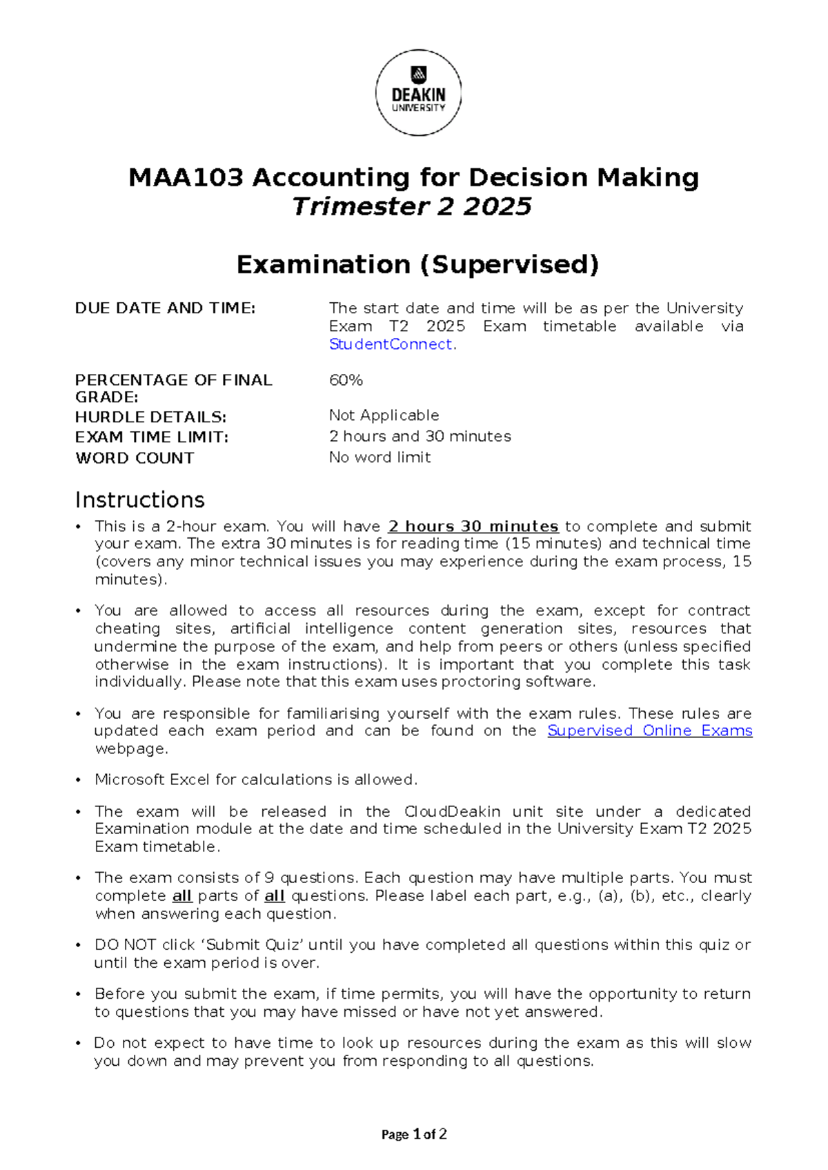 MAA103 T2 2025 Accounting Exam Instructions and Guidelines - Studocu