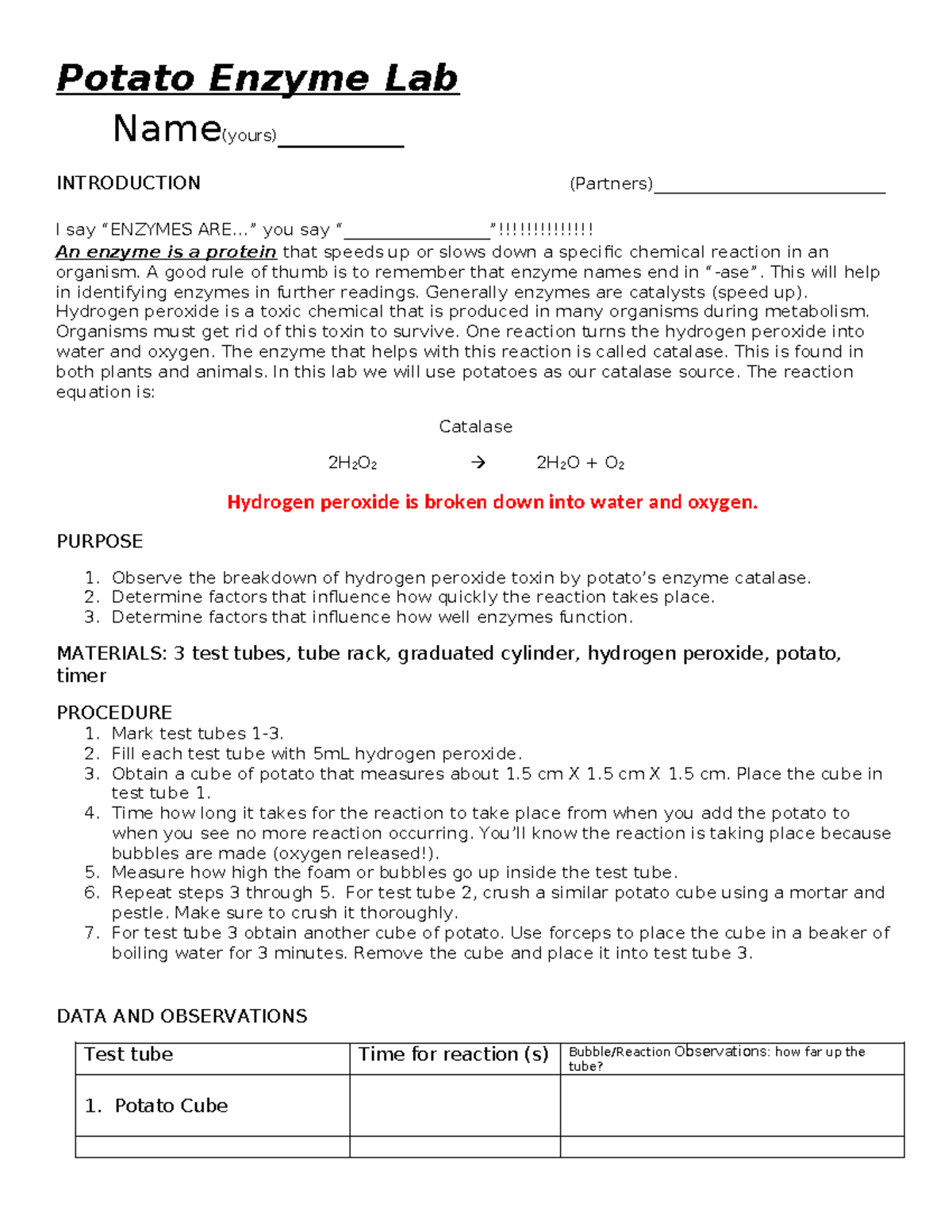 Potato Enzyme Lab (BIO101) - High Score Answers & Analysis - Studocu