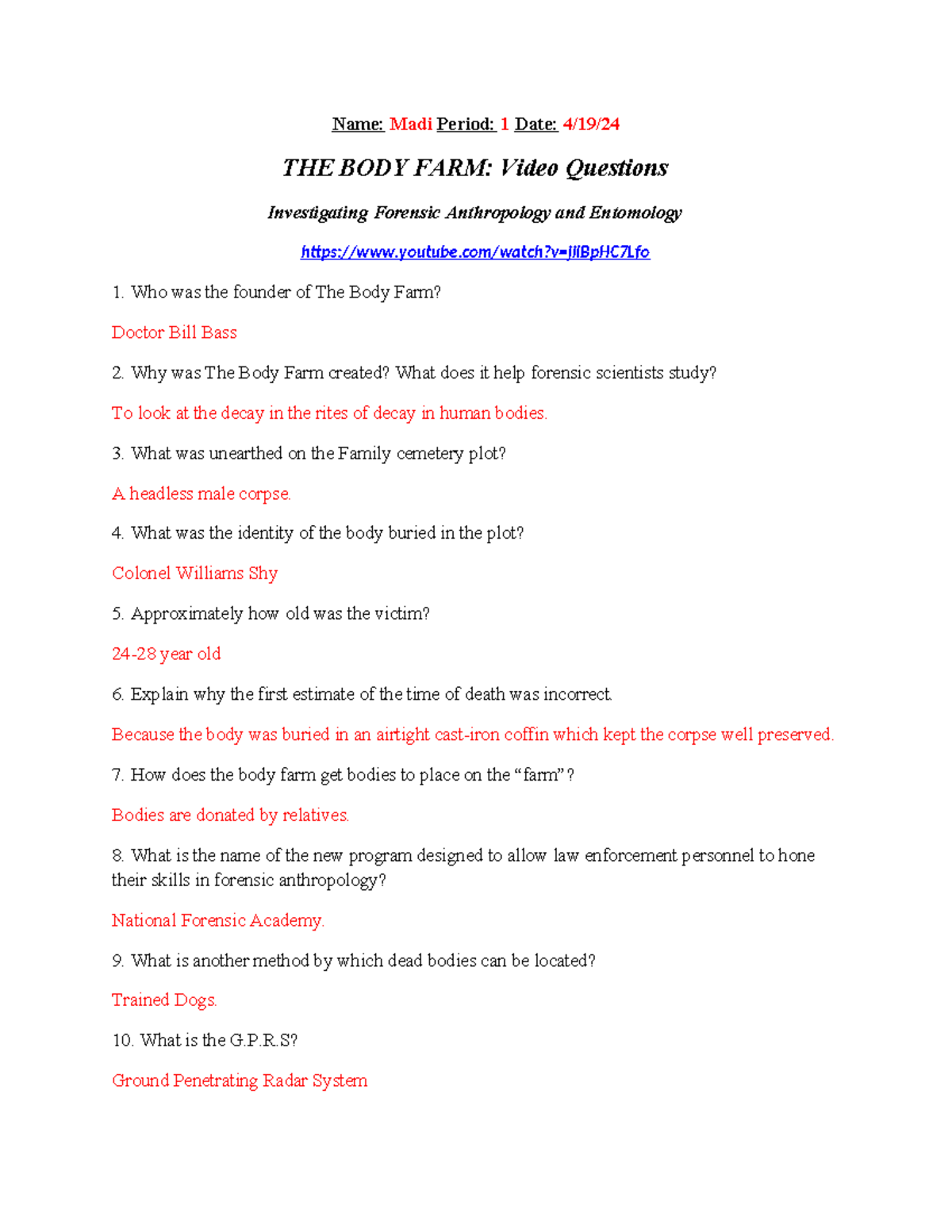 The Body Farm Video Q&A: Forensic Anthro & Ento Insights - Studocu