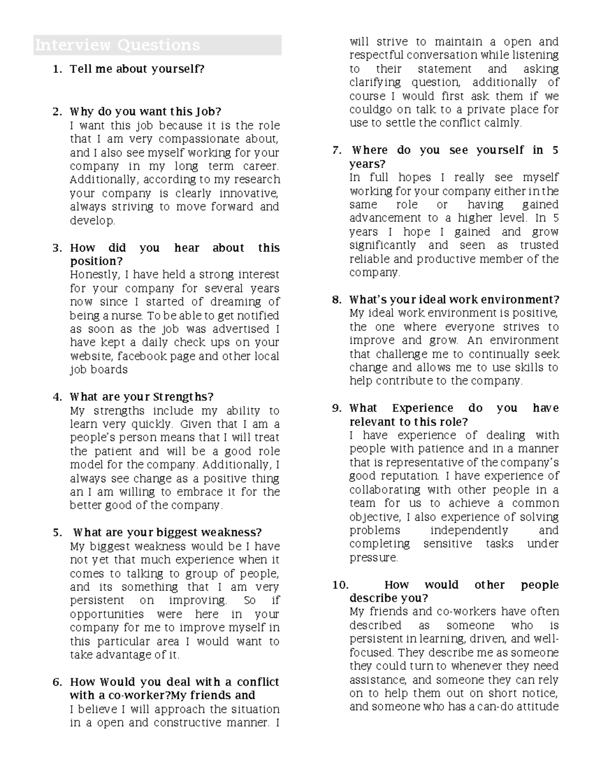 Interview Questions for Nursing Position - Document 21 - Studocu