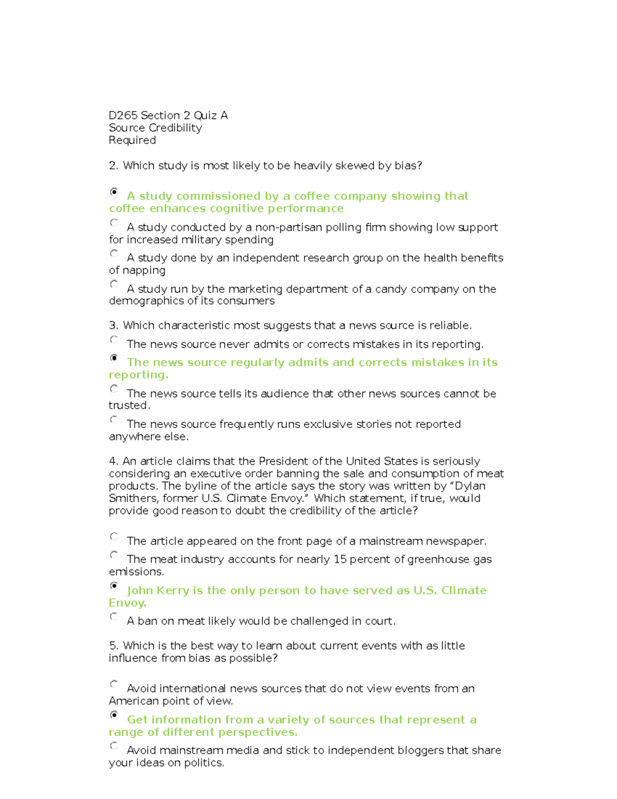 D265 Section 2 Quiz A - Evaluating Source Credibility and Bias - Studocu