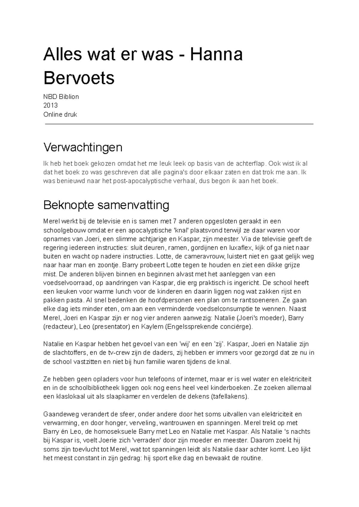 Boekverslag NBD Biblion: Alles wat er was - Hanna Bervoets - Studeersnel
