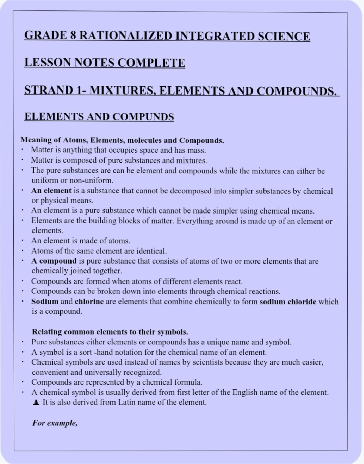 GRADE 8 - Integrated Science Lesson Notes on Matter & Elements - Studocu