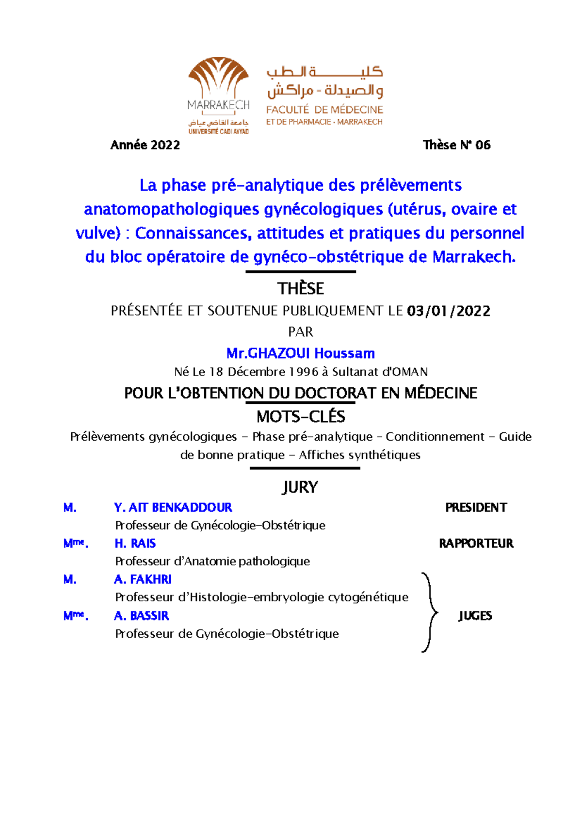 Thèse 06 - Phase Pré-analytique en Gynéco-Obstétrique 2022 - Studocu