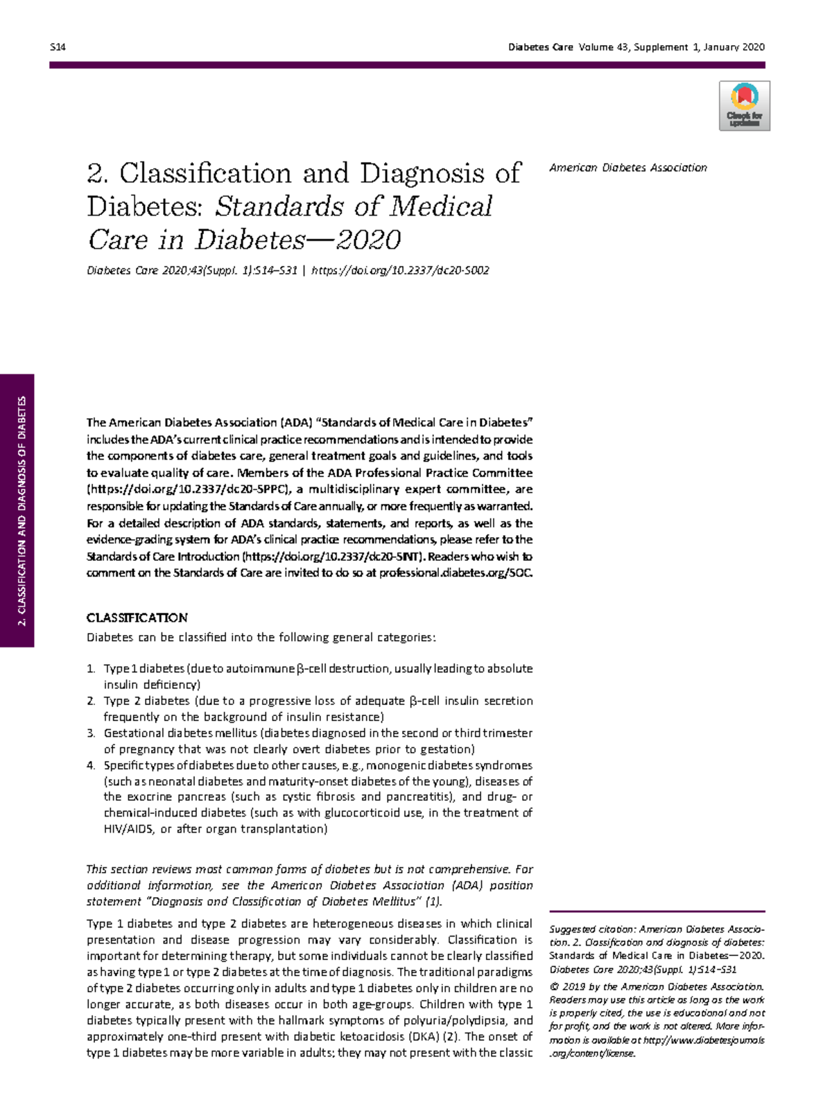 ADA 2020 - Classification and Diagnosis of Diabetes Care Standards ...